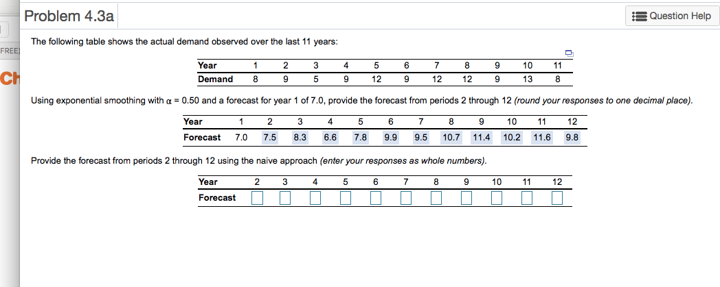 Solved Problem 4.3a A Question Help 1 The following table | Chegg.com
