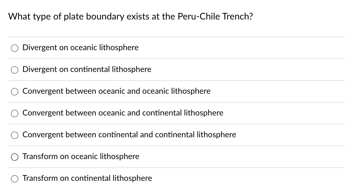 Solved What type of plate boundary exists at the Peru-Chile | Chegg.com