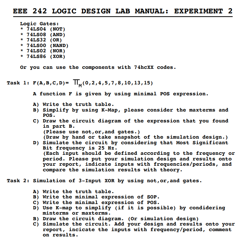 Solved EEE 242 LOGIC DESIGN LAB MANUAL: EXPERIMENT 2 Logic | Chegg.com