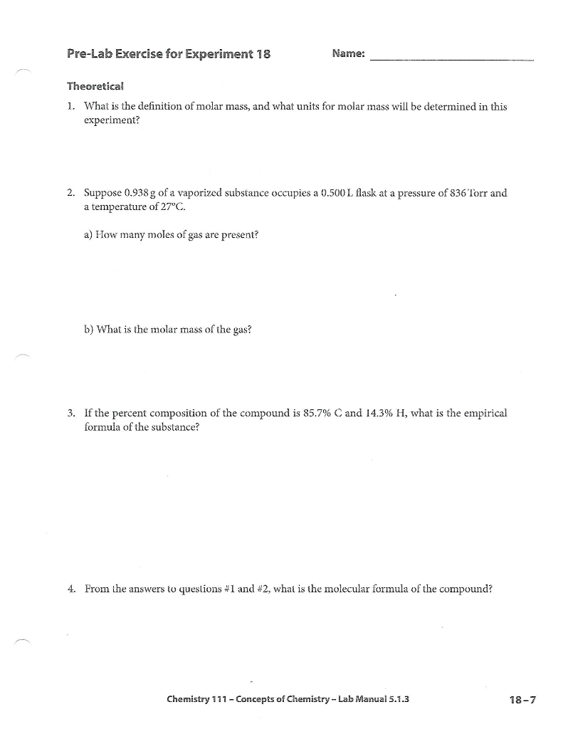 Solved Pre-Lab Exercise for Experiment 18 Name: Theoretical | Chegg.com
