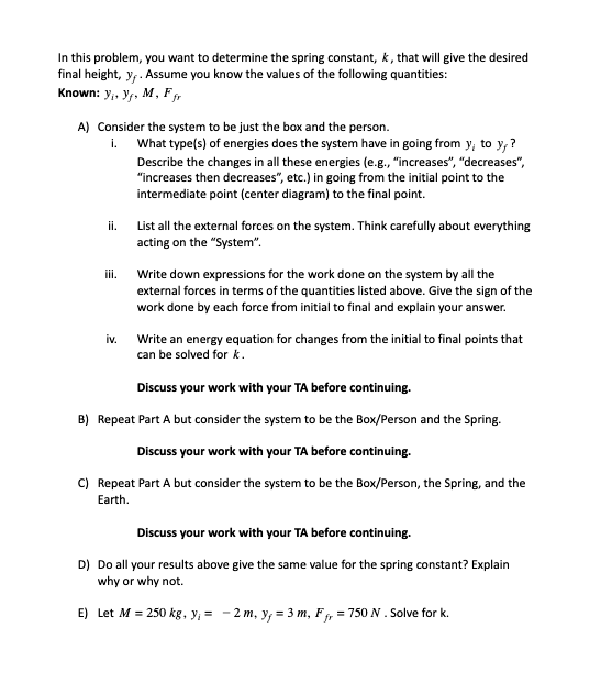 Solved Physics 2514, Spring 2021 Recitation 7: Energy y=0 & | Chegg.com