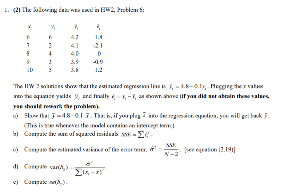 Solved 1. (2) The following data was used in HW2, Problem 6: | Chegg.com