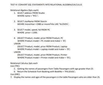 TESTIV:CONVERT SOL STATEMENTS INTO RELATIONAL | Chegg.com