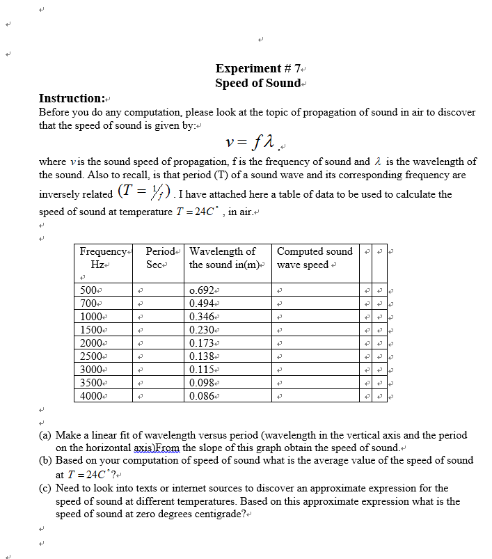 Solved t Experiment # 7 Speed of Sound Instruction: Before | Chegg.com
