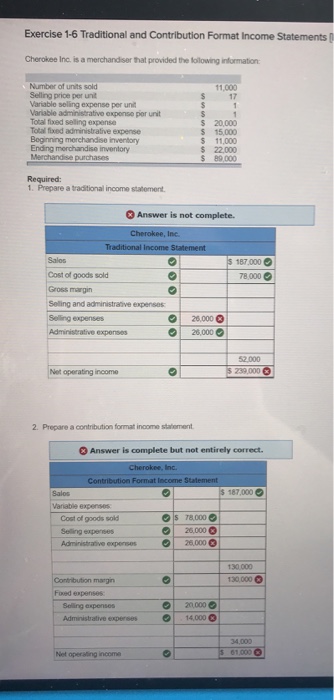 Solved Exercise 1-6 Traditional and Contribution Format | Chegg.com