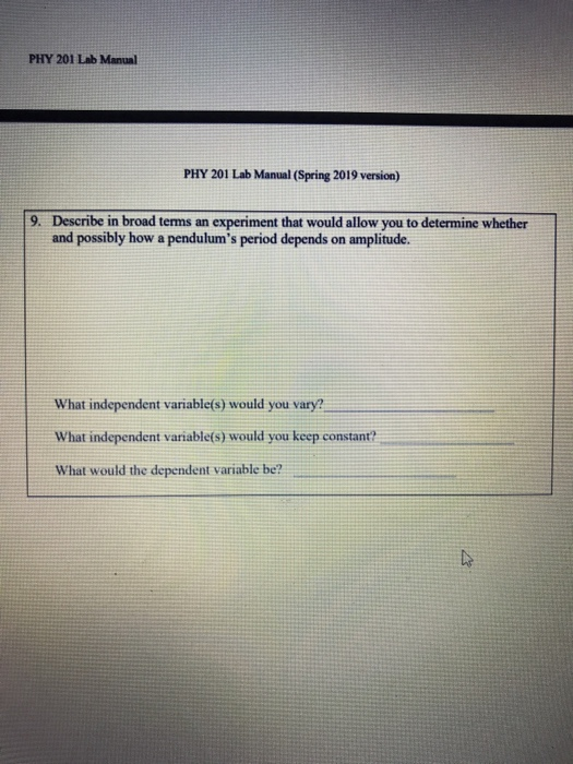 Solved Phy 201 Lab Manual Phy 201 Lab Manual Spring 2019