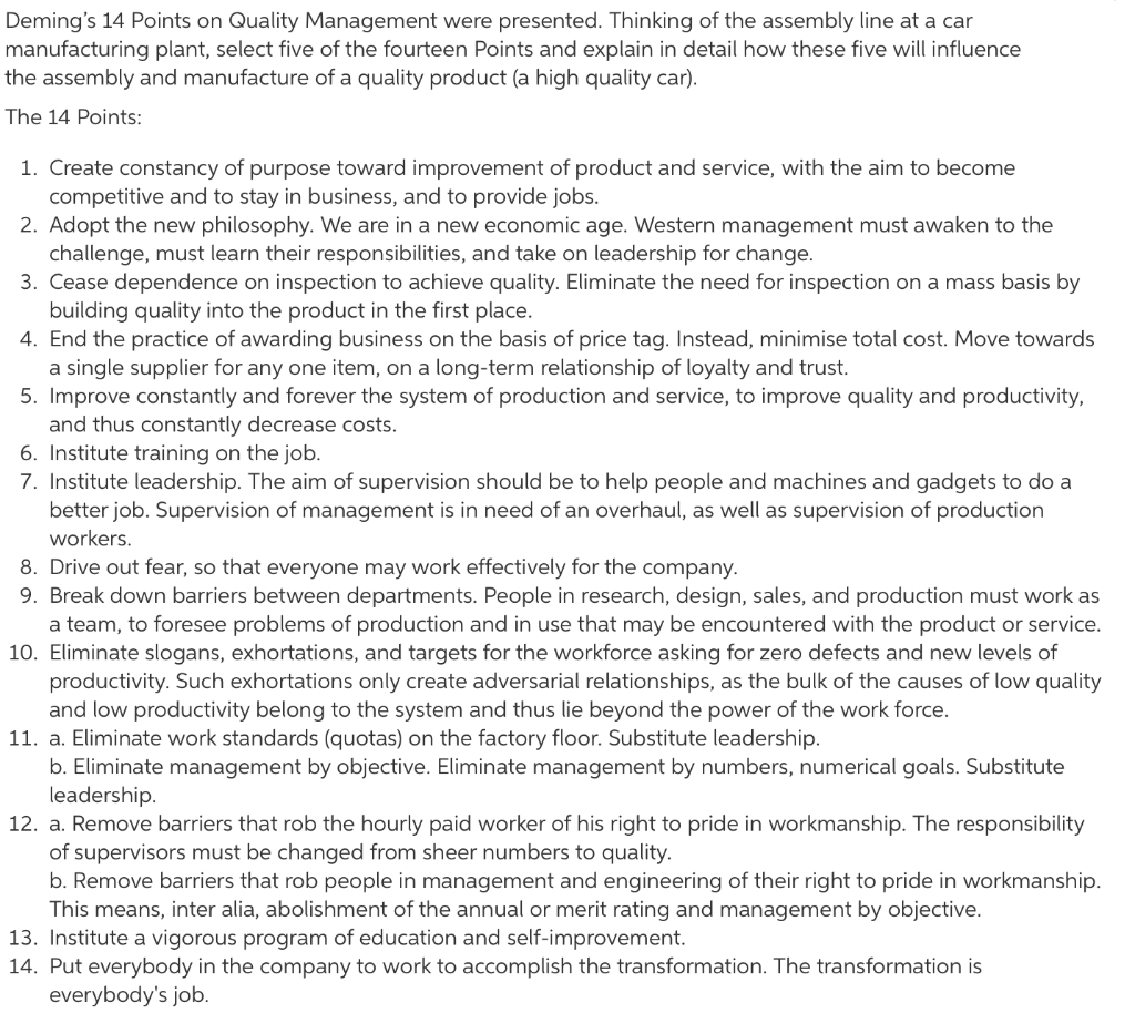 Solved Deming's 14 Points on Quality Management were | Chegg.com