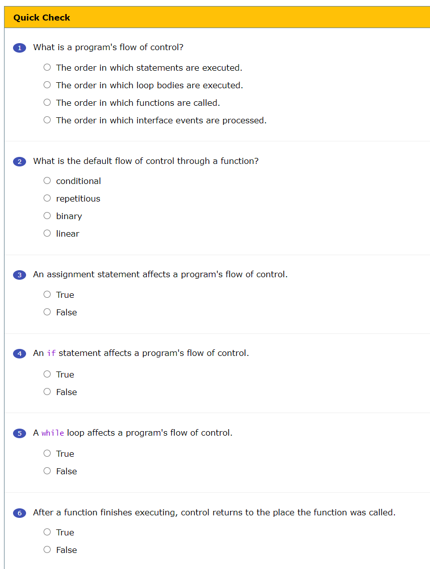 Solved Quick Check What is a program's flow of control? O | Chegg.com