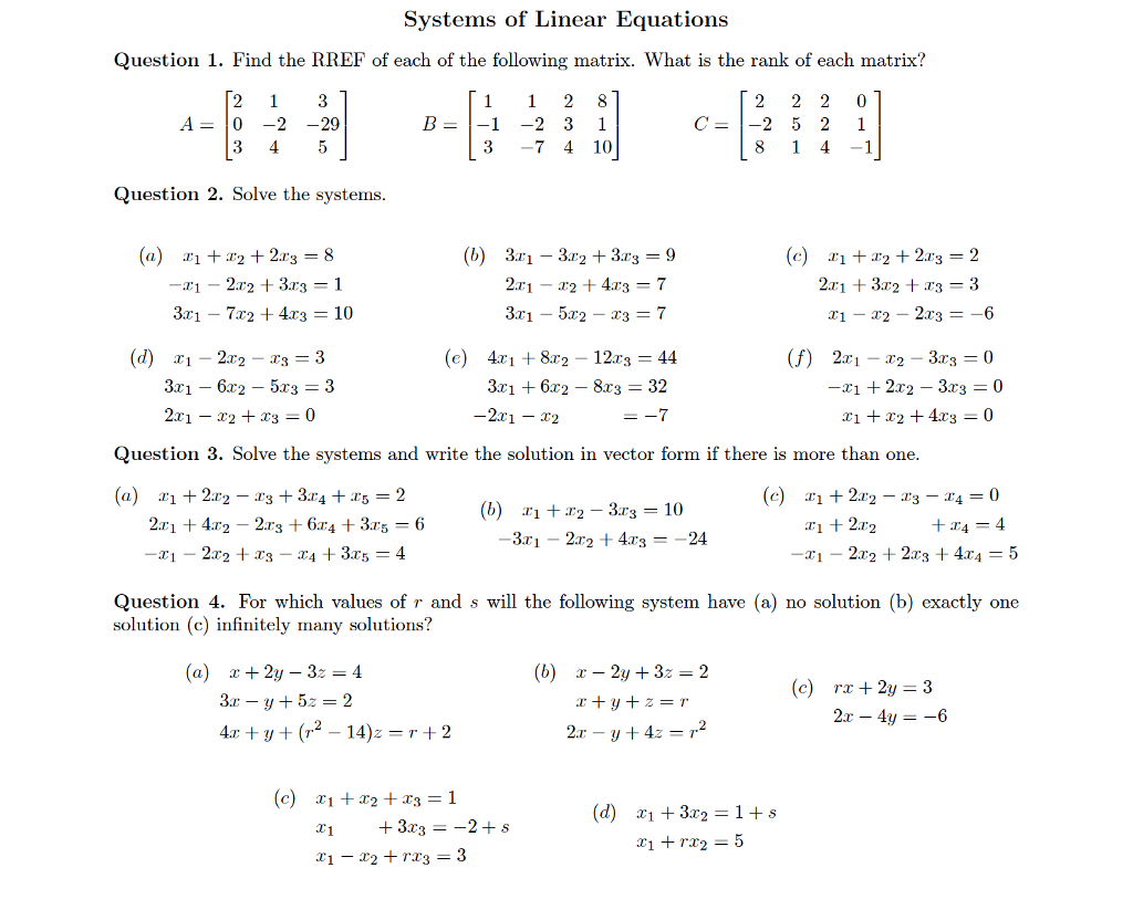 Solved Systems of Linear Equation Question 1. Find the RREF | Chegg.com