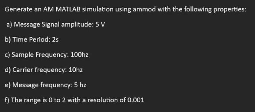 Solved Generate an AM MATLAB simulation using ammod with the | Chegg.com