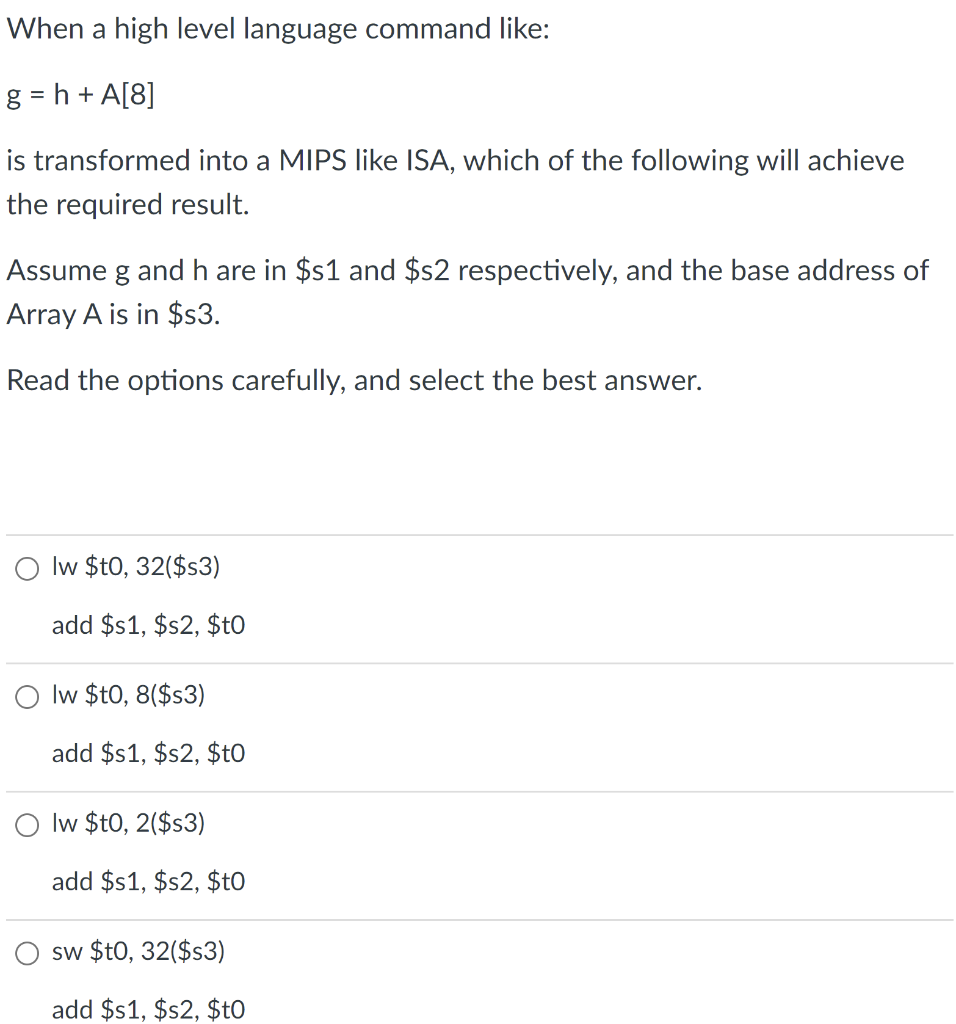 Solved When a high level language command like: g= h + A[8] | Chegg.com