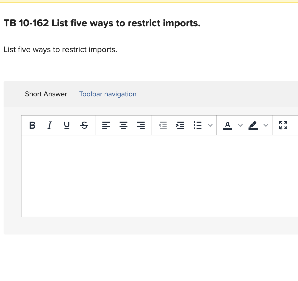 Solved TB 10-162 ﻿List five ways to restrict imports.List | Chegg.com