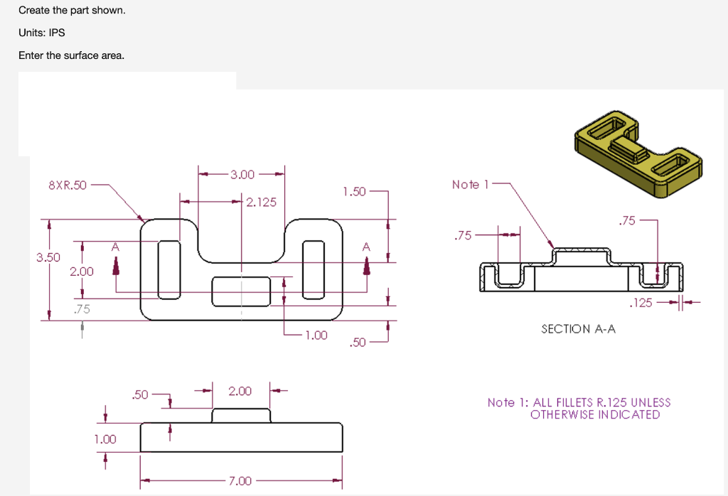 Solved Create the part shown. Units: IPS Enter the surface | Chegg.com