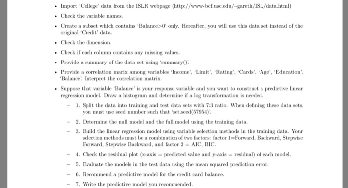Import College' data from the ISLR webpage | Chegg.com