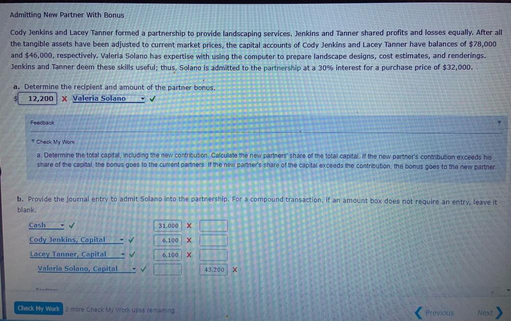 Solved Admitting New Partner With Bonus Cody Jenkins and | Chegg.com