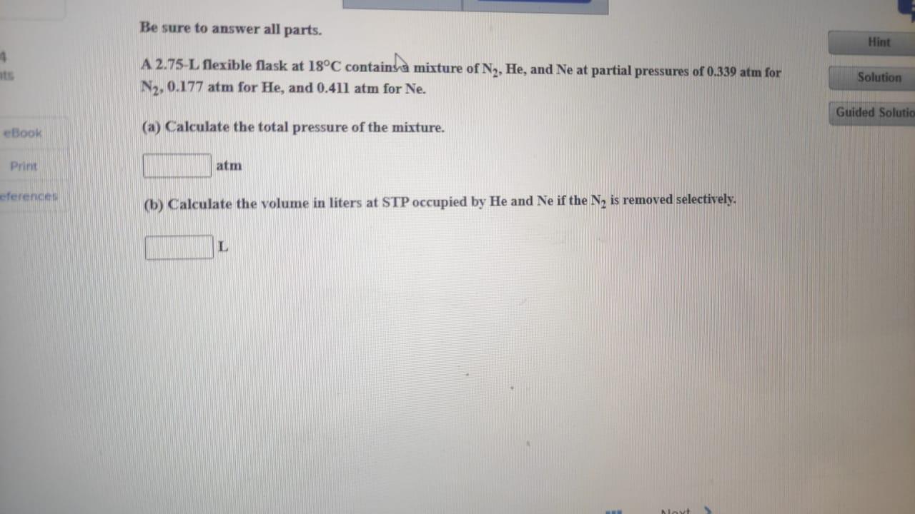 Solved Hint 1 ats Be sure to answer all parts. A 2.75-L | Chegg.com