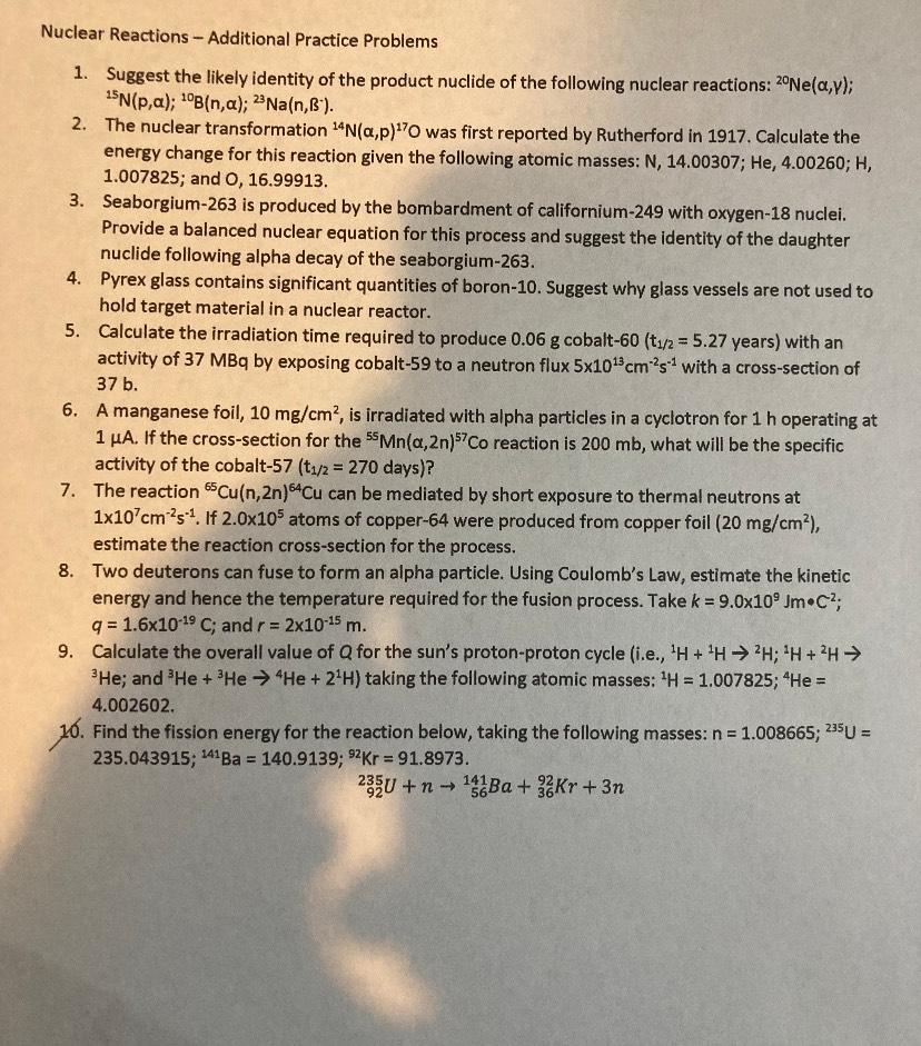 Solved Nuclear Reactions - Additional Practice Problems 1. | Chegg.com