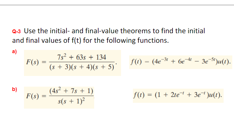 Solved Q-3 Use the initial- and final-value theorems to find | Chegg.com
