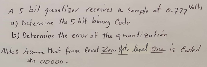 Solved A 5 bit quantizer receives a Somple at 0.777 Volts a) | Chegg.com