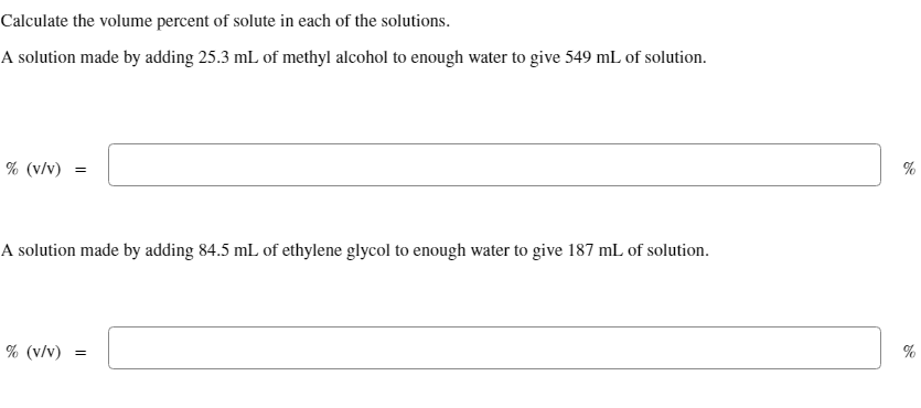 Solved Calculate the volume percent of solute in each of the | Chegg.com