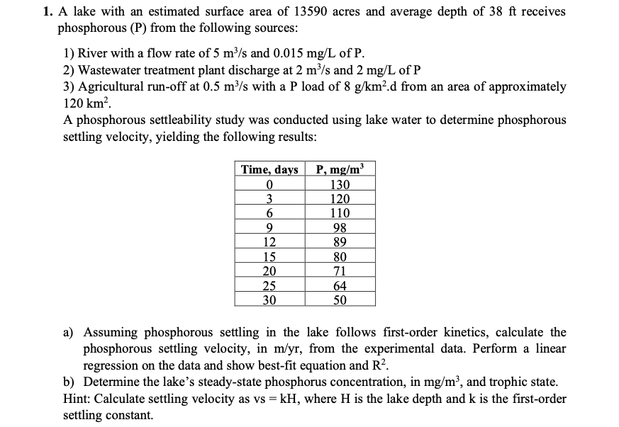 Solved 1. A lake with an estimated surface area of 13590 | Chegg.com