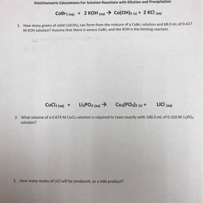 Solved Stoichiometric Calculations For Solution Reactions | Chegg.com