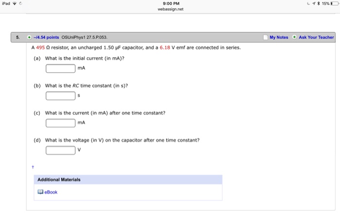Solved iPad 9:00 PM 5. -1/4.54 points OSUniPhys1 27.5.PO53. | Chegg.com Solved iPad 9:00 PM 5. -1/4.54 points OSUniPhys1 27.5.PO53. | Chegg.com