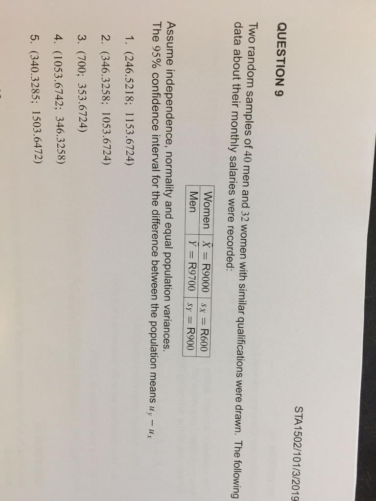 Solved STA 1502/101/3/2019 QUESTION 9 Two random samples of | Chegg.com