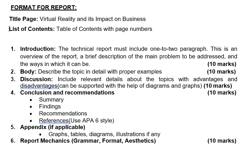 FORMAT FOR REPORT: Title Page: Virtual Reality and | Chegg.com