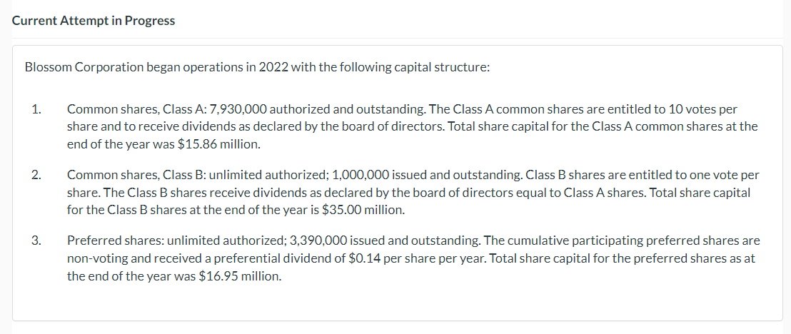 Solved Blossom Corporation began operations in 2022 with the | Chegg.com