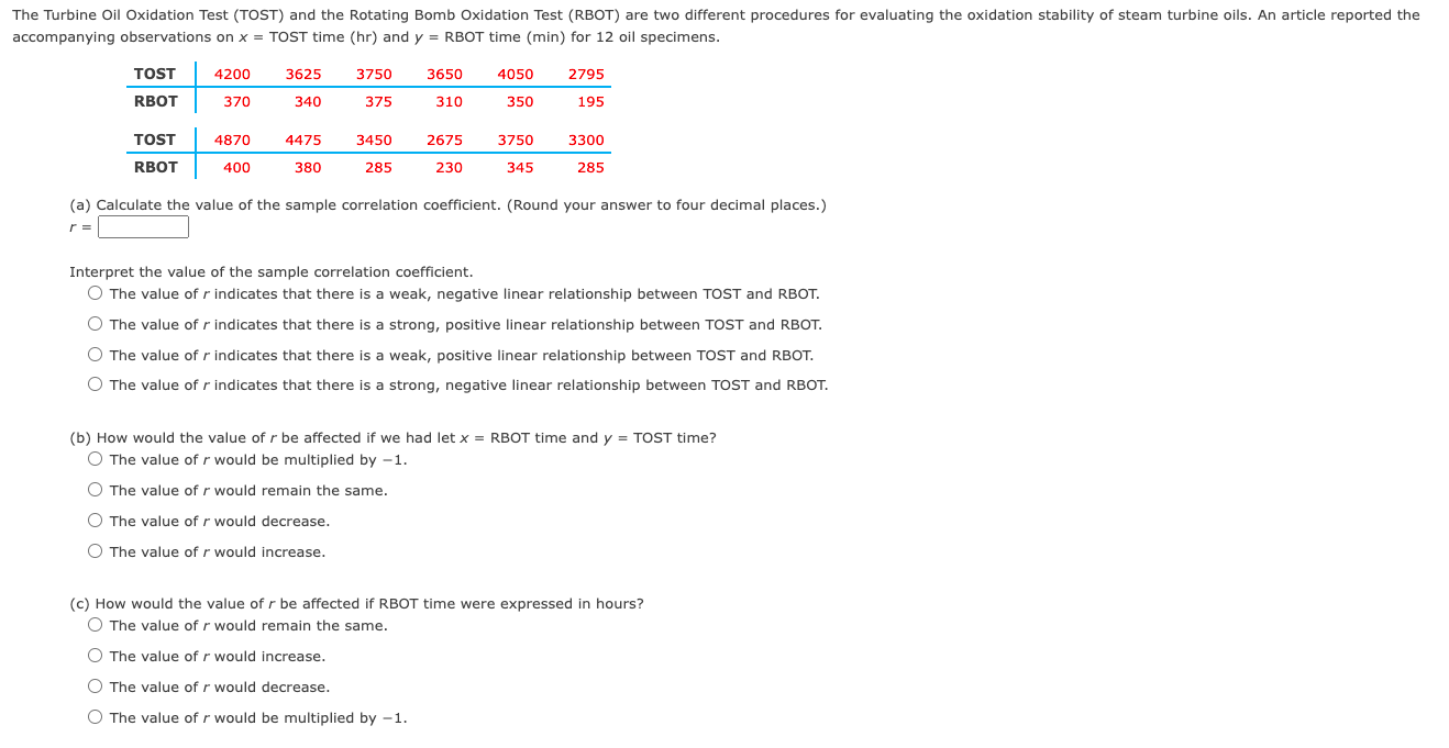 Solved The Turbine Oil Oxidation Test (TOST) and the | Chegg.com