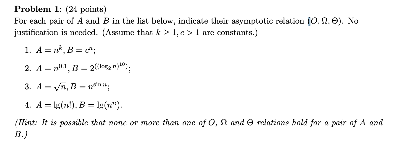 Solved Problem 1: (24 points) For each pair of A and B in | Chegg.com