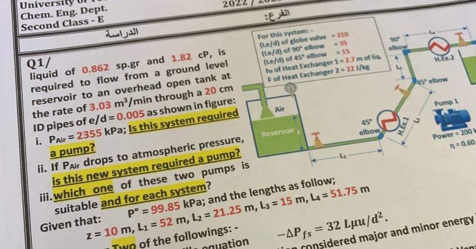 Solved Q1/ liquid of 0.862sp.gr and 1.82cP, is required to | Chegg.com