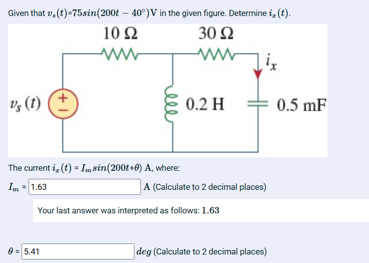 Solved Given that vs(t)=75sin(200t-40°)V in ﻿the given | Chegg.com