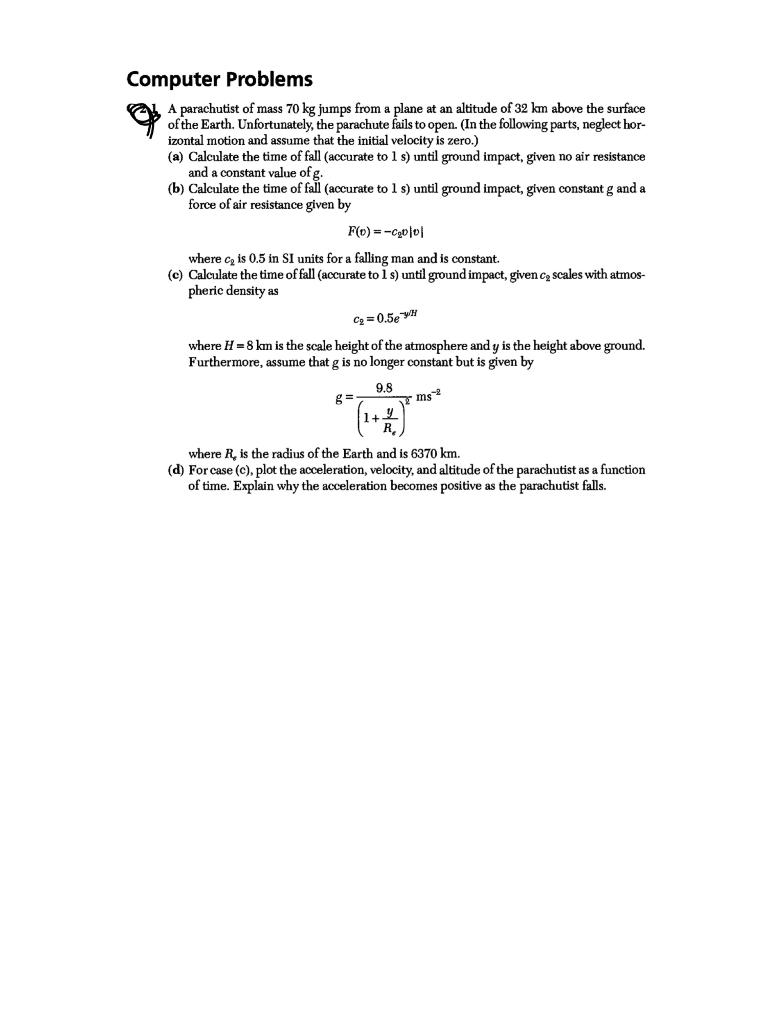 Solved Computer Problems A parachutist of mass 70 kg jumps | Chegg.com