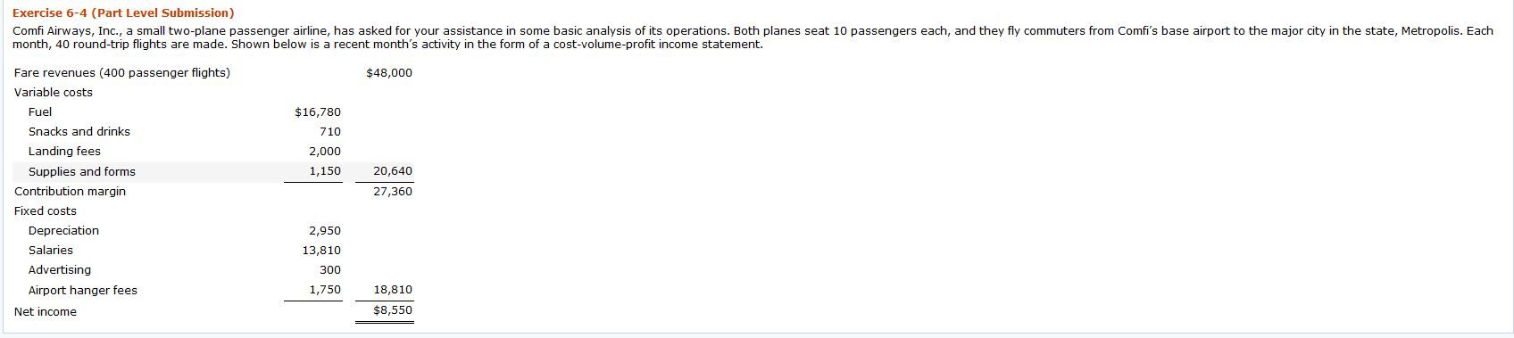Solved Exercise 6-4 (Part Level Submission) Comfi Airways, | Chegg.com