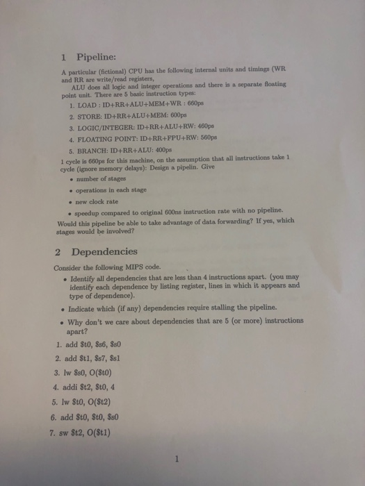 Solved Pipeline: 1 A particular (fictional) CPU has the | Chegg.com