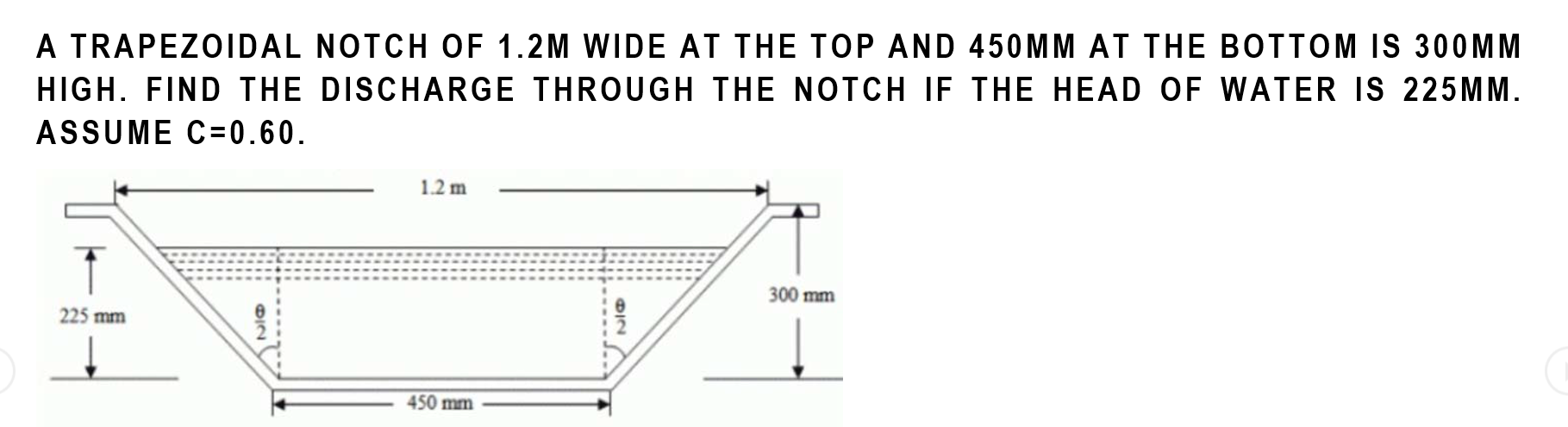 Solved A trapezoidal notch of 1.2m wide at the top and 450mm | Chegg.com