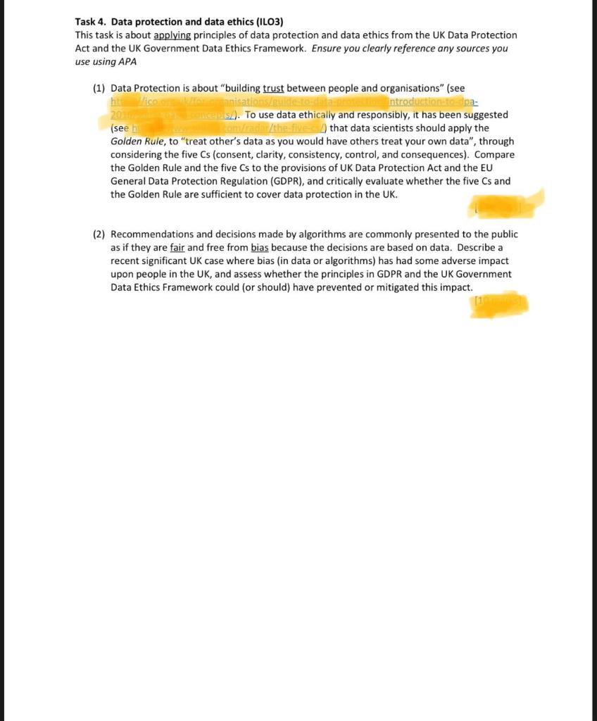 Solved Task 4. Data protection and data ethics (ILO3) This | Chegg.com