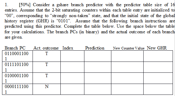 1. [50%] Consider a gshare branch predictor with the | Chegg.com