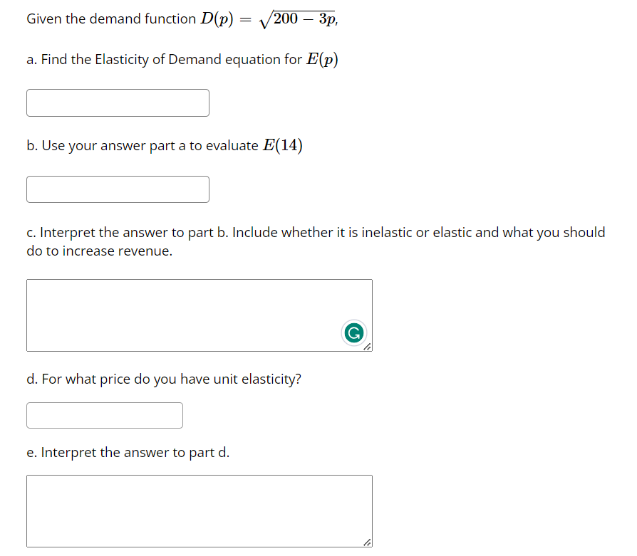 Solved Given the demand function D(p)=200−3p a. Find the | Chegg.com