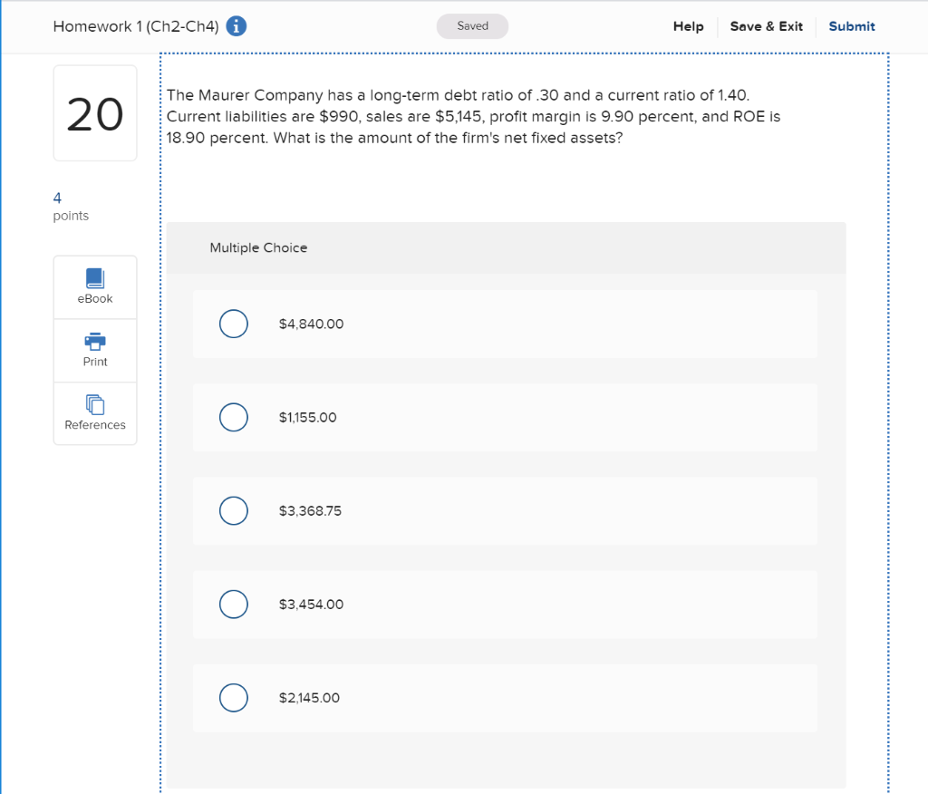 Solved Homework 1 (Ch2-Ch4) 0 Saved Help Save & Exit Submit | Chegg.com