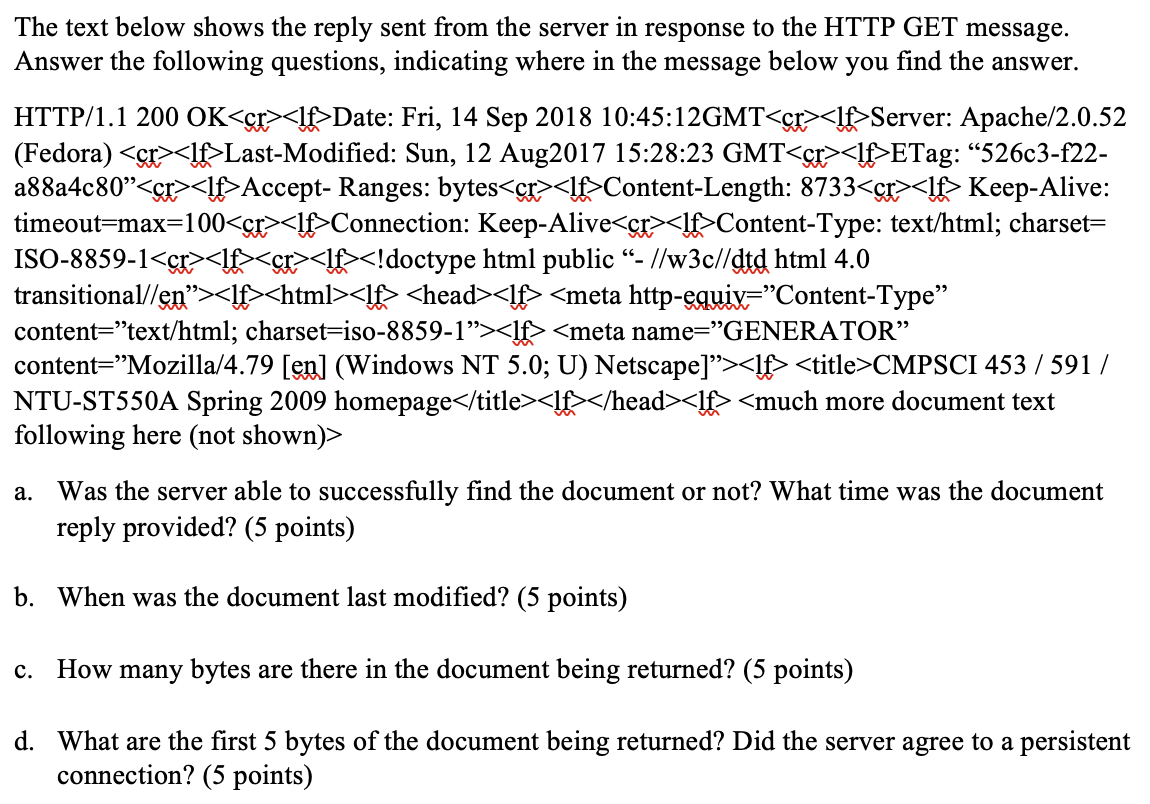 Solved The text below shows the reply sent from the server | Chegg.com