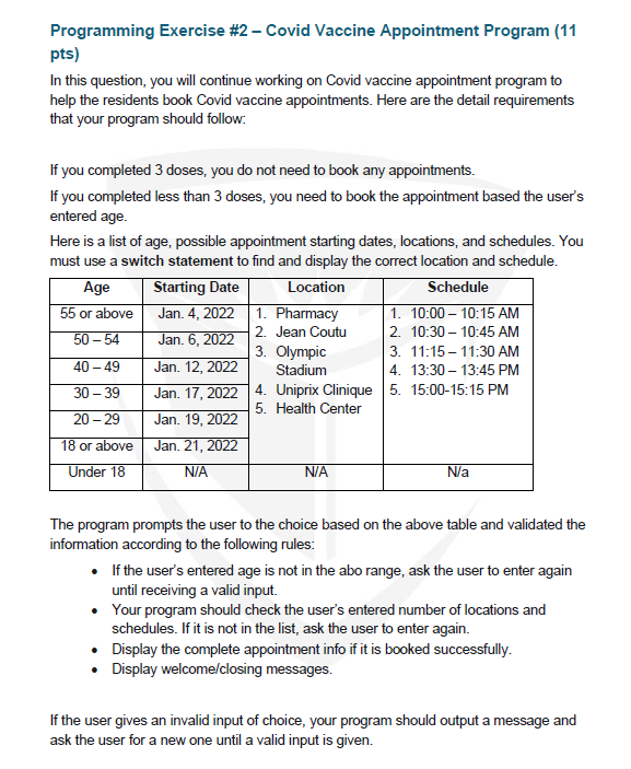 Solved Programming Exercise \#2 - Covid Vaccine Appointment | Chegg.com