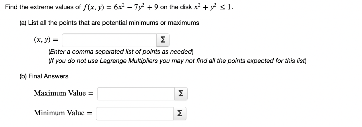 Solved d the extreme values of f(x,y)=6x2−7y2+9 on the disk | Chegg.com