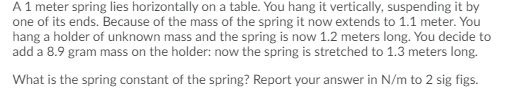 Solved A 1 meter spring lies horizontally on a table. You | Chegg.com