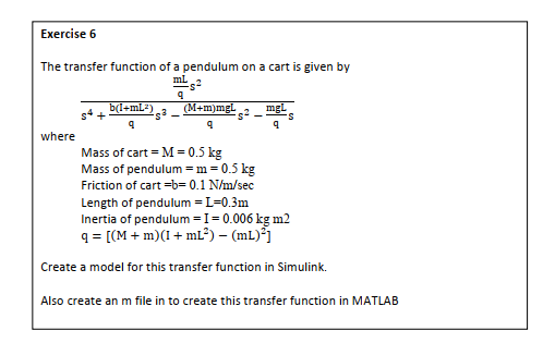 Solved Exercise 6 The transfer function of a pendulum on a | Chegg.com