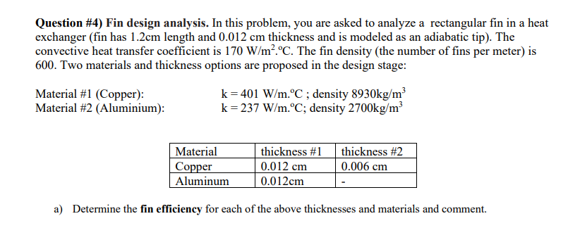Question #4) Fin design analysis. In this problem, | Chegg.com