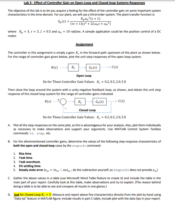Lab 3 - Effect of Controller Gain on Open-Loop and | Chegg.com