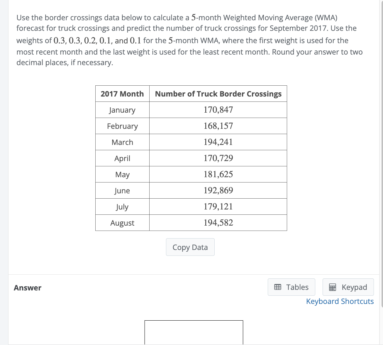 Solved Use the border crossings data below to calculate a | Chegg.com